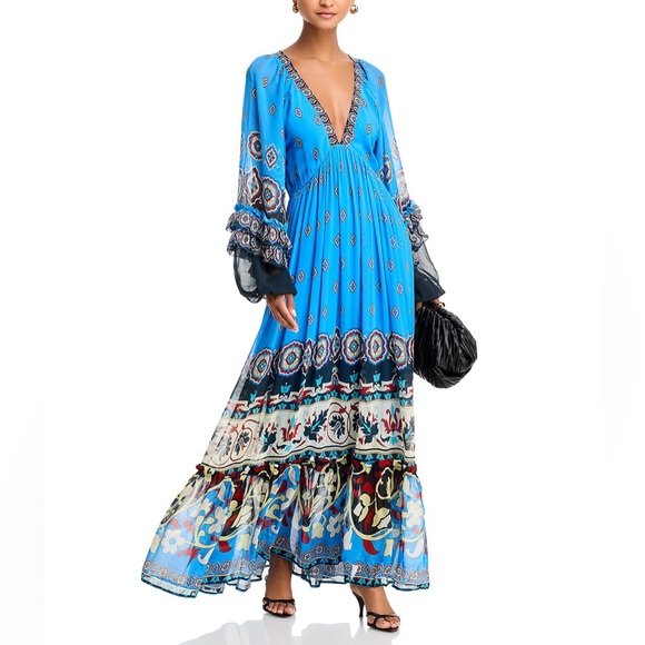 FARM Rio | Dresses | Farm Rio Blue Plunge Neck Bishop Sleeve Sundress ...